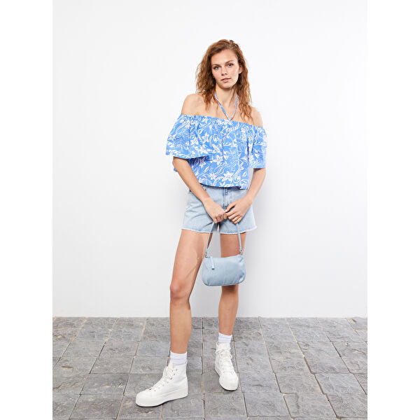 LCW CASUAL Kayık Yaka Desenli Kısa Kollu Poplin Kadın Bluz