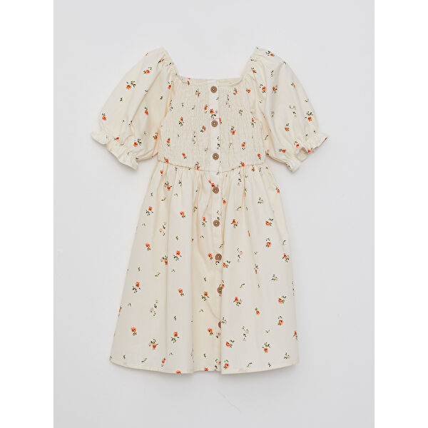 Kare Yaka Desenli Kısa Kollu Poplin Kız Çocuk Elbise