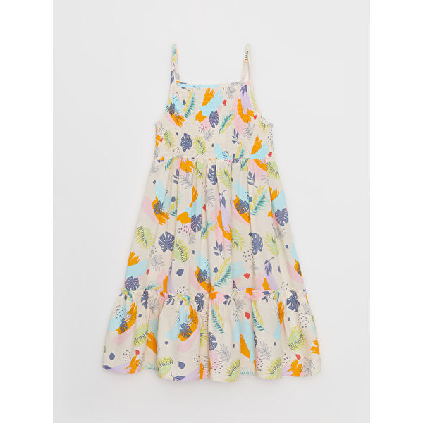 Kare Yaka Desenli Askılı Kız Çocuk Elbise