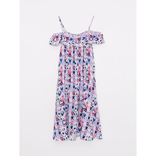 Kayık Yaka Desenli Kısa Kollu Viskon Kız Çocuk Elbise