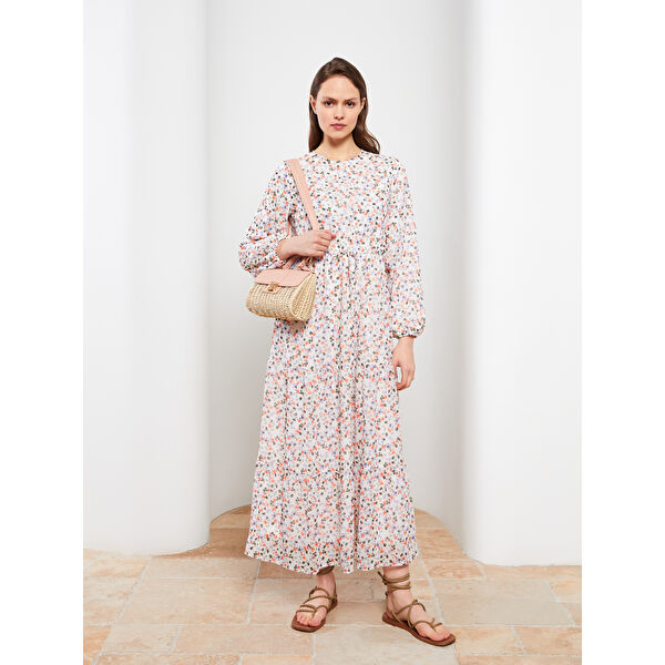 MODEST Bisiklet Yaka Çiçekli Uzun Kollu Şifon Kadın Elbise