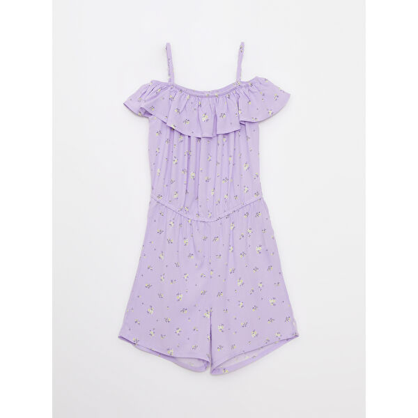 Kayık Yaka Desenli Kısa Kollu Viskon Kız Çocuk Tulum