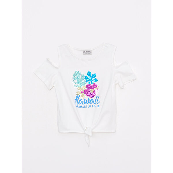 Bisiklet Yaka Baskılı Pul İşlemeli Kısa Kollu Pamuklu Kız Çocuk Tişört Bisiklet Yaka Baskılı Pul İşlemeli Kısa Kollu Pamuklu Kız Çocuk Tişört