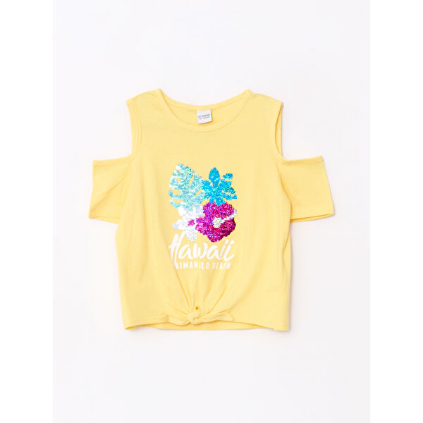 Bisiklet Yaka Baskılı Pul İşlemeli Kısa Kollu Pamuklu Kız Çocuk Tişört Bisiklet Yaka Baskılı Pul İşlemeli Kısa Kollu Pamuklu Kız Çocuk Tişört