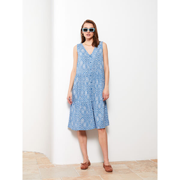 LCW CLASSIC V Yaka Desenli Kolsuz Viskon Kadın Elbise