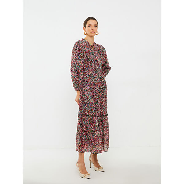 LCW CLASSIC Bağlamalı Yaka Desenli Uzun Kollu Şifon Kadın Elbise