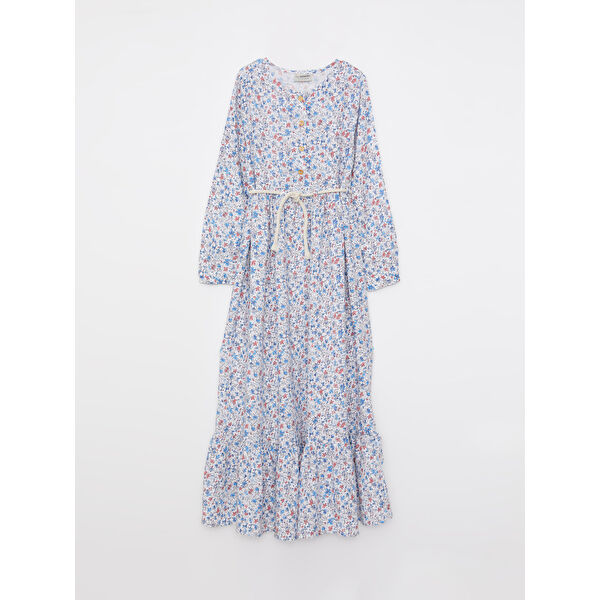 Bisiklet Yaka Desenli Uzun Kollu Viskon Kız Çocuk Elbise