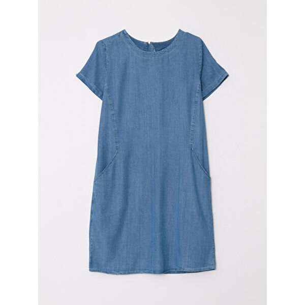 LCW CLASSIC Bisiklet Yaka Düz Kısa Kollu Kadın Jean Elbise