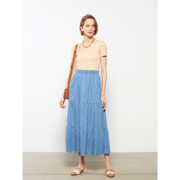 Beli Lastikli Düz Kadın Jean Etek