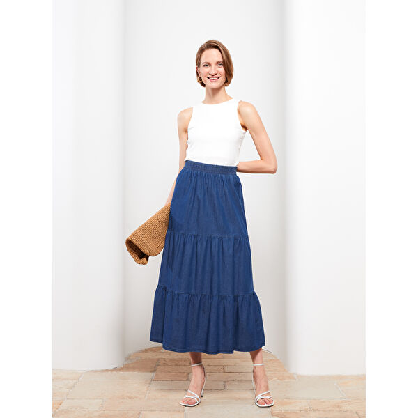 LCW CLASSIC Beli Lastikli Düz Kadın Jean Etek