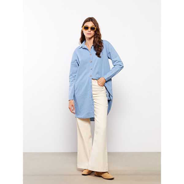 Gömlek Yaka Düz Uzun Kollu Kadın Jean Tunik