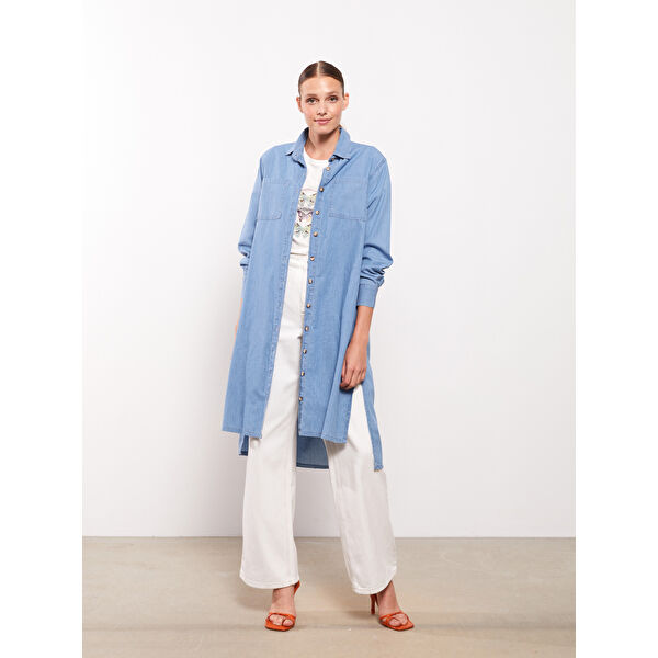 Gömlek Yaka Düz Uzun Kollu Kadın Jean Tunik Gömlek Yaka Düz Uzun Kollu Kadın Jean Tunik