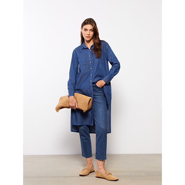 Gömlek Yaka Düz Uzun Kollu Kadın Jean Tunik Gömlek Yaka Düz Uzun Kollu Kadın Jean Tunik