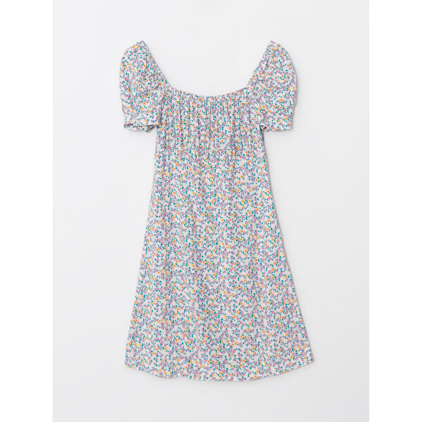 XSIDE Kare Yaka Çiçekli Kısa Kollu Viskon Kadın Elbise