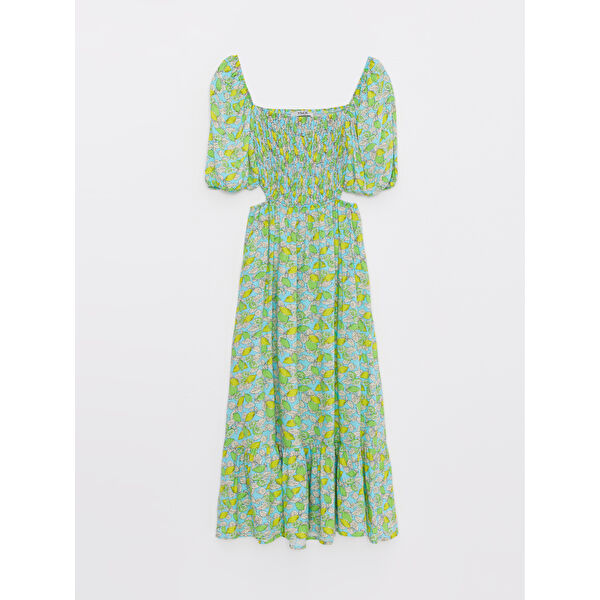 XSIDE Kare Yaka Desenli Kısa Kollu Viskon Kadın Elbise