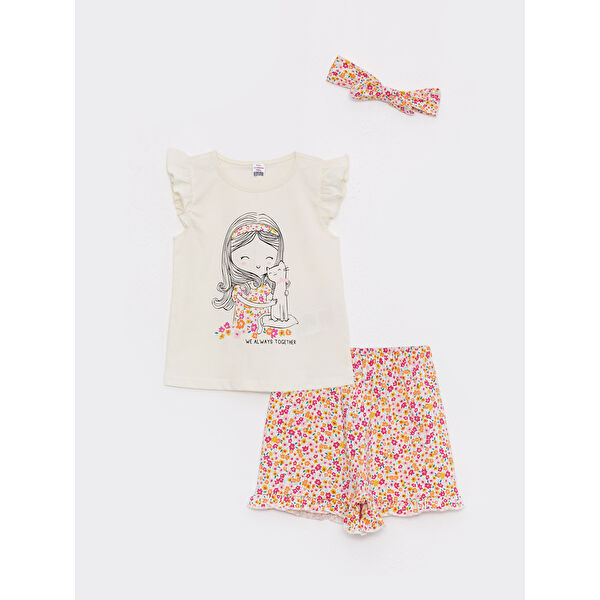 Bisiklet Yaka Kısa Kollu Baskılı Pamuklu Kız Bebek Tişört Şort ve Saç Bandı 3'lü Takım