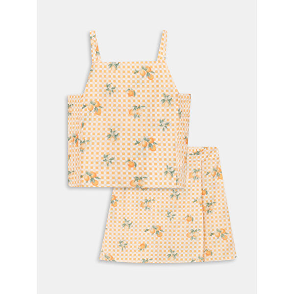 Kare Yaka Desenli Askılı Kız Çocuk Bluz ve Şort Etek