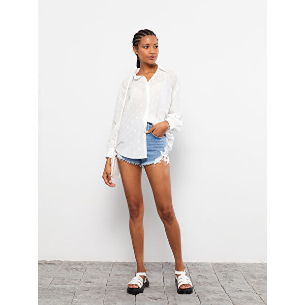 Önden Düğme Kapamalı Puantiyeli Uzun Kollu Poplin Kadın Gömlek