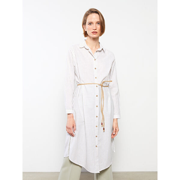 Gömlek Yaka Çizgili Uzun Kollu Pamuklu Kadın Tunik