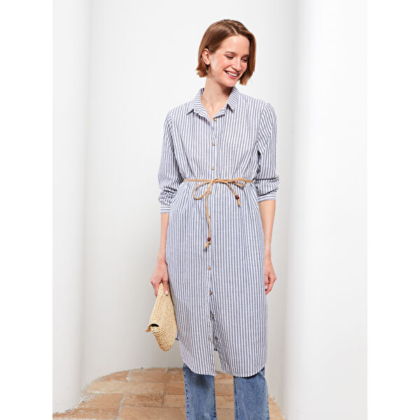 Gömlek Yaka Çizgili Uzun Kollu Pamuklu Kadın Tunik