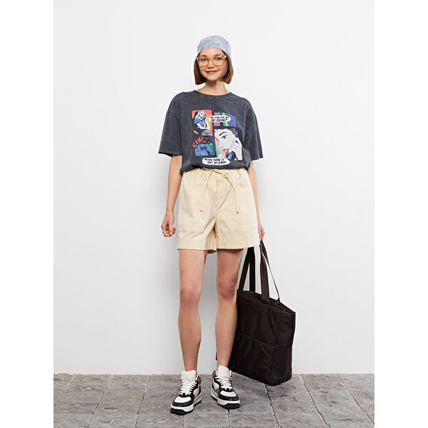 LCW CASUAL Beli Lastikli Rahat Kalıp Düz Gabardin Kadın Şort