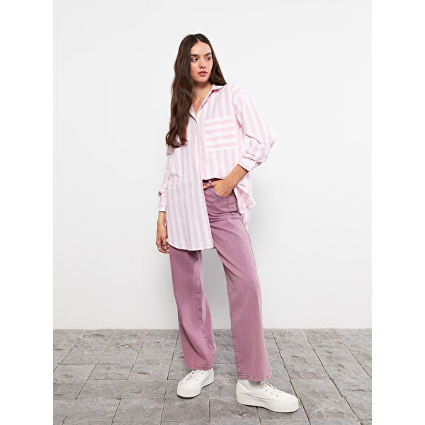 Gömlek Yaka Çizgili Uzun Kollu Pamuklu Kadın Tunik