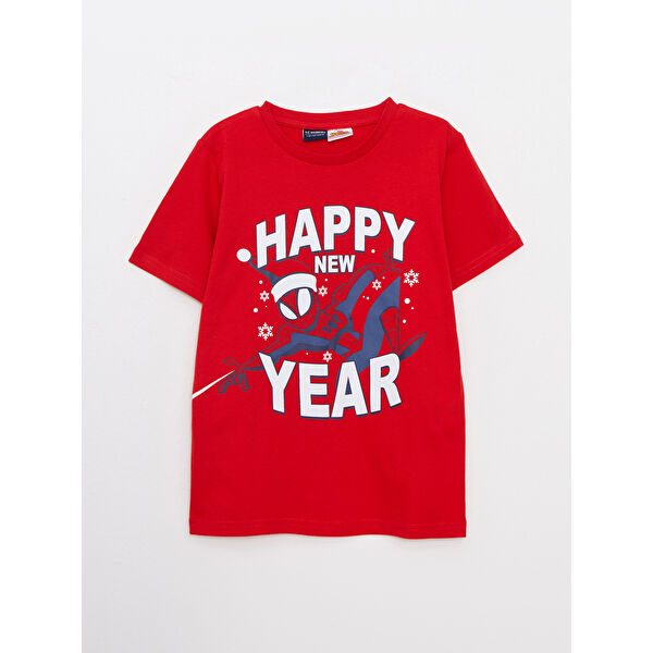 Bisiklet Yaka Spiderman Baskılı Yılbaşı Temalı Kısa Kollu Pamuklu Erkek Çocuk Tişört