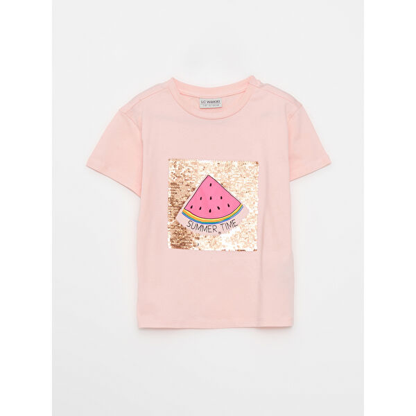 Bisiklet Yaka Baskılı Çift Yönlü Payetli Kısa Kollu Pamuklu Kız Çocuk Tişört