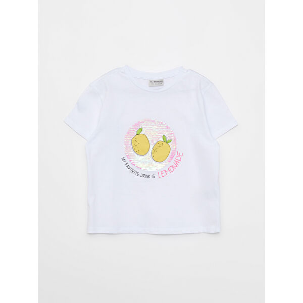 Bisiklet Yaka Baskılı Çift Yönlü Payetli Kısa Kollu Pamuklu Kız Çocuk Tişört