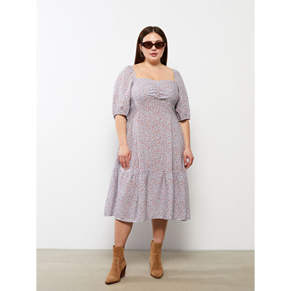 LCW CLASSIC Kalp Yaka Desenli Kısa Kollu Viskon Kadın Elbise