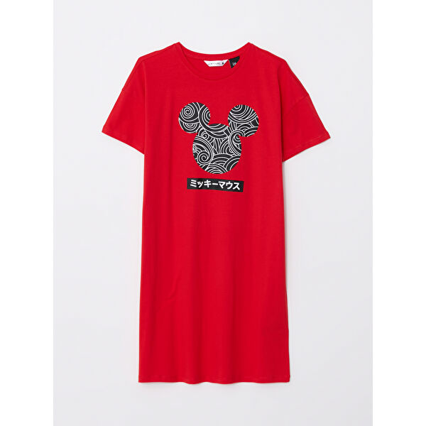 LCW DREAM Bisiklet Yaka Mickey Mouse Baskılı Kısa Kollu Pamuklu Kadın Gecelik
