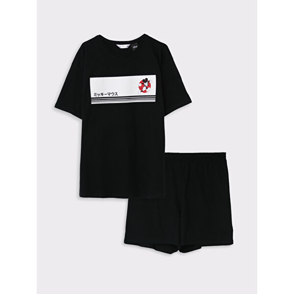 LCW DREAM Bisiklet Yaka Mickey Mouse Baskılı Kısa Kollu Pamuklu Kadın Pijama Takımı