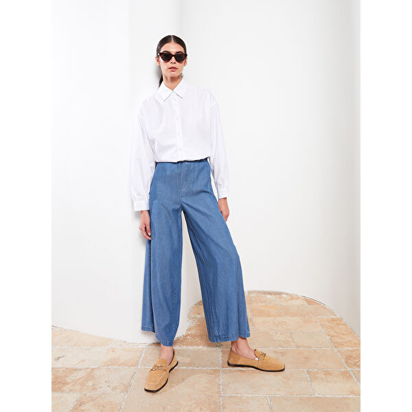 Beli Lastikli Düz Geniş Paça Kadın Rodeo Jean Pantolon