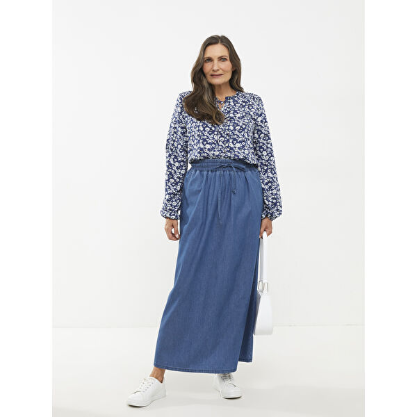 Beli Lastikli Düz Kadın Jean Etek