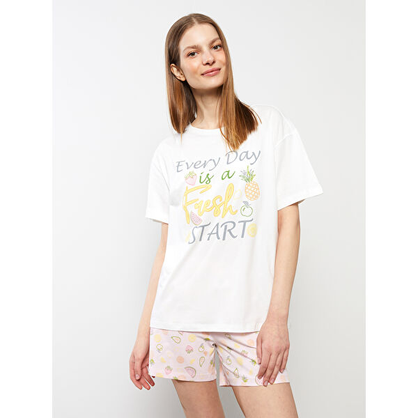 Bisiklet Yaka Baskılı Kısa Kollu Pamuklu Kadın Pijama Takımı