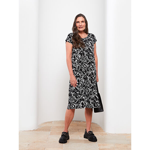 Bisiklet Yaka Çiçekli Kısa Kollu A Kesim Kadın Elbise