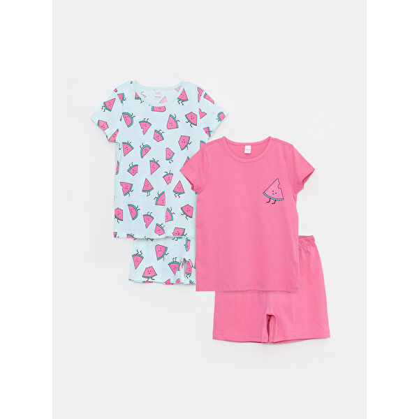 Bisiklet Yaka Baskılı Kısa Kollu Kız Çocuk Şortlu Pijama Takımı 4'lü