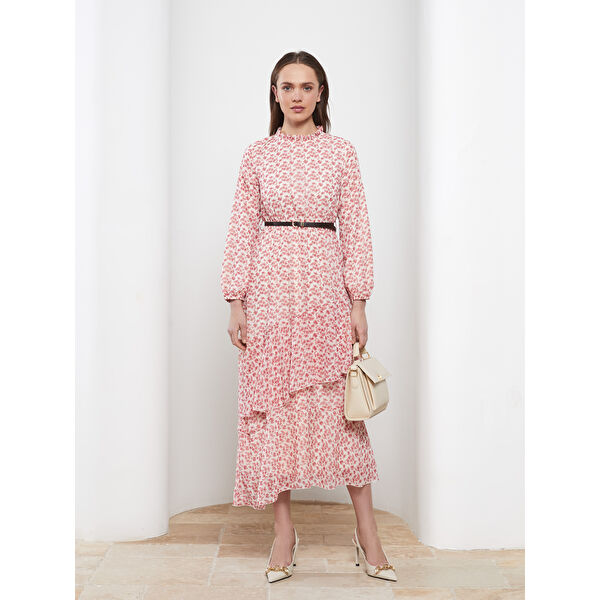 MODEST Fırfırlı Dik Yaka Desenli Uzun Kollu Şifon Kadın Elbise MODEST Fırfırlı Dik Yaka Desenli Uzun Kollu Şifon Kadın Elbise