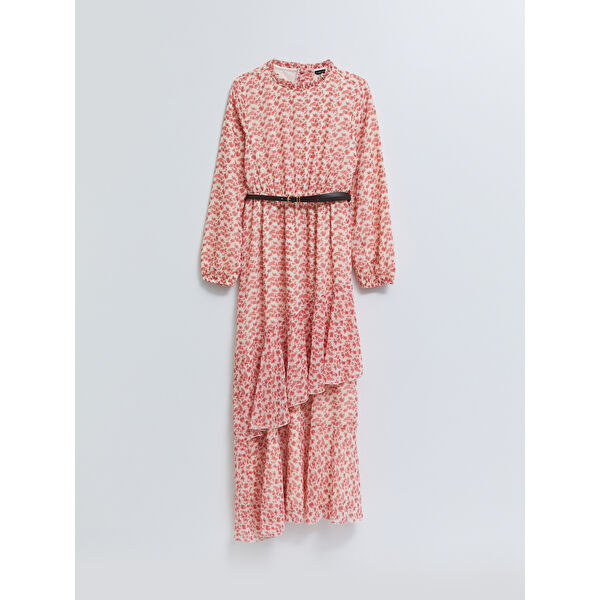 MODEST Fırfırlı Dik Yaka Desenli Uzun Kollu Şifon Kadın Elbise