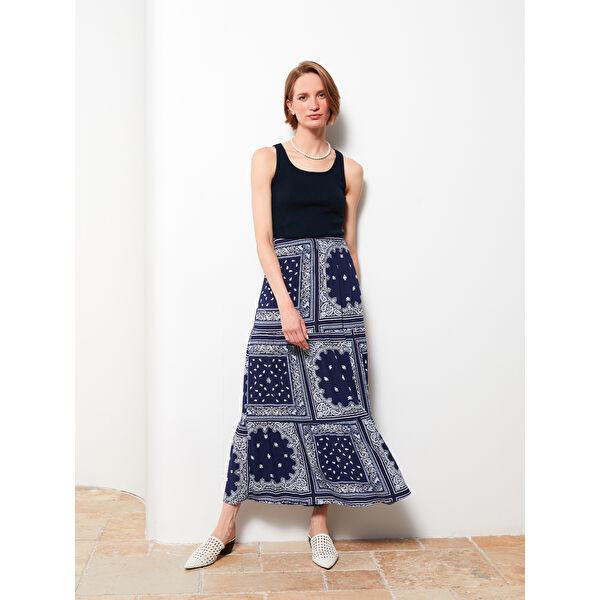 LCW CLASSIC Beli Lastikli Standart Fit Desenli Viskon Kadın Etek