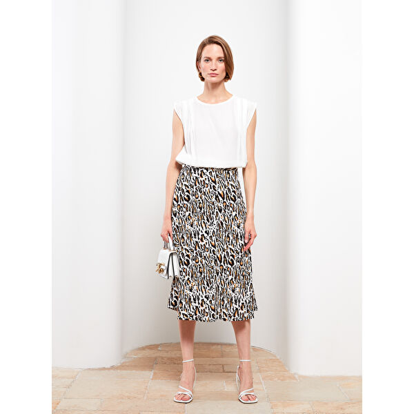 Beli Lastikli Standart Fit Desenli Viskon Kadın Etek