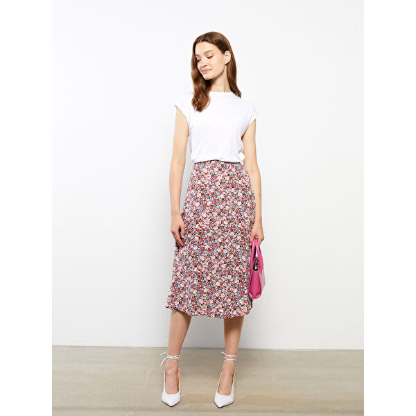 LCW CLASSIC Beli Lastikli Standart Fit Desenli Viskon Kadın Etek