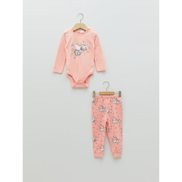 Bisiklet Yaka Uzun Kollu Dumbo Baskılı Pamuklu Kız Bebek Çıtçıtlı Body ve Pijama Alt 2'li Takım
