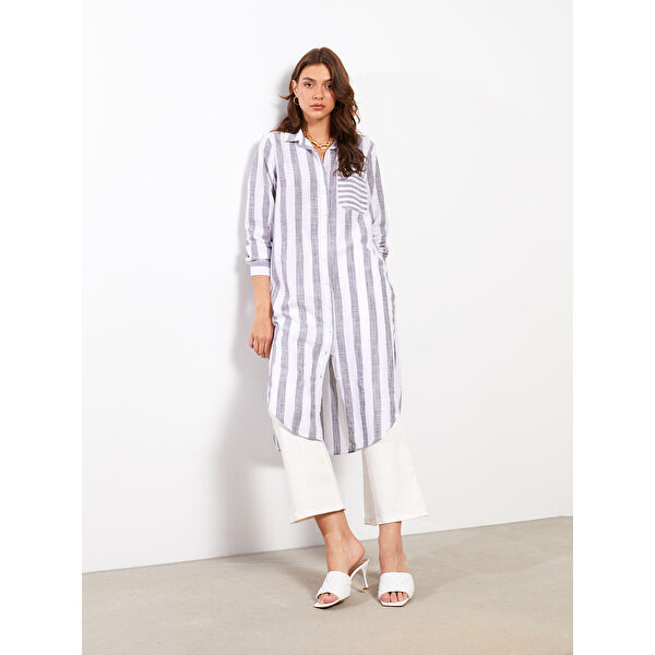 Gömlek Yaka Çizgili Uzun Kollu Pamuklu Kadın Tunik