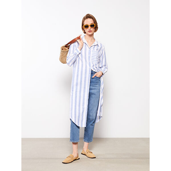Gömlek Yaka Çizgili Uzun Kollu Pamuklu Kadın Tunik