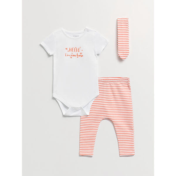 Bisiklet Yaka Kısa Kollu Baskılı Kız Bebek Çıtçıtlı Body Pantolon ve Saç Bandı 3'lü Takım