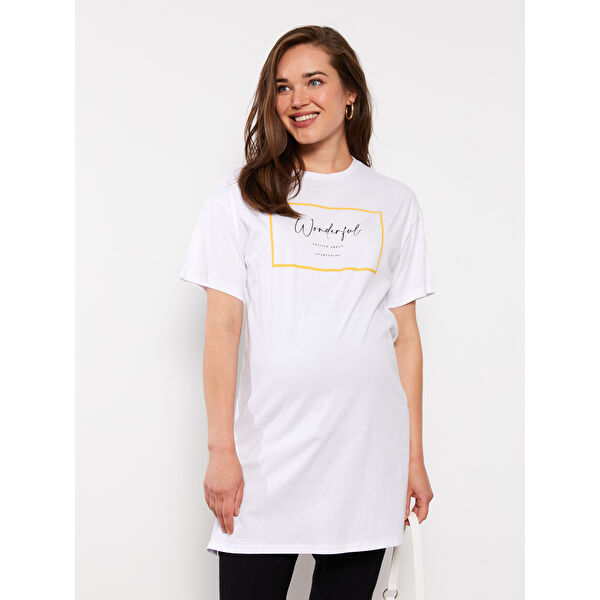 Bisiklet Yaka Baskılı Kısa Kollu Pamuklu Hamile Tunik