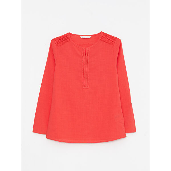 LCW GRACE Kaçık Yaka Nakışlı Uzun Kollu Pamuklu Kadın Bluz