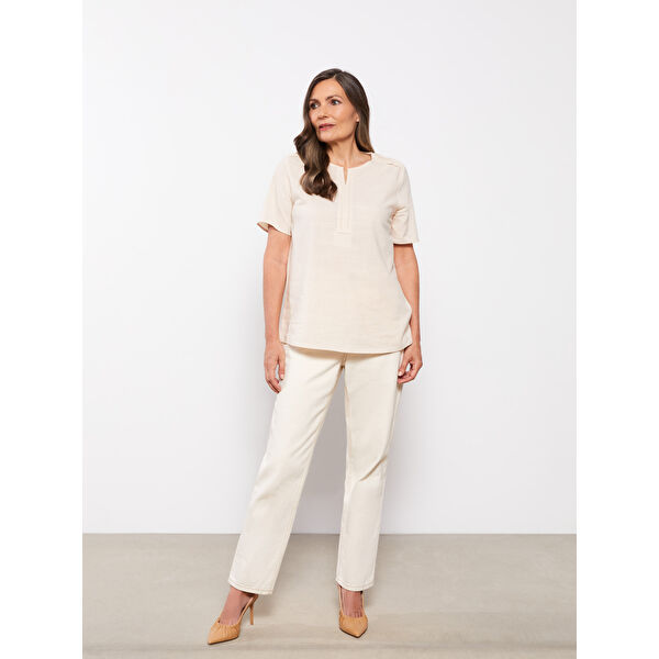 LCW GRACE Kaçık Yaka Nakışlı Kısa Kollu Pamuklu Kadın Bluz