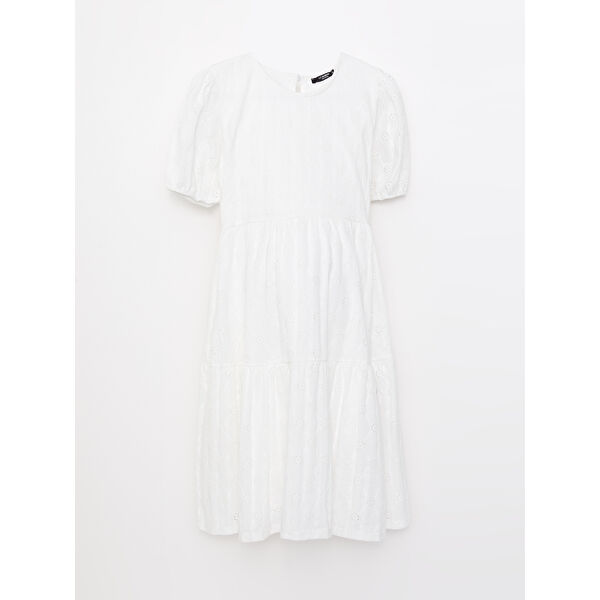 Bisiklet Yaka Nakışlı Kısa Kollu Poplin Hamile Elbise